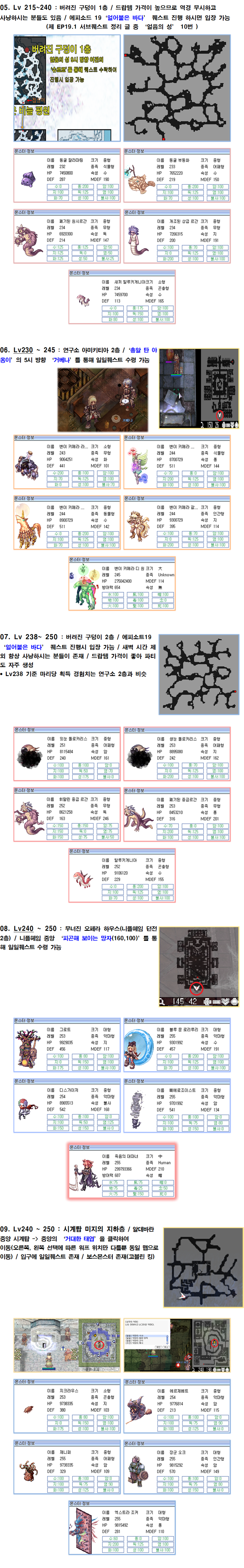 라그나로크 인벤 Lv200~250 레벨별 사냥터 몬스터 정보 모음 Rev20220521 라그나로크 인벤 팁과노하우 게시판