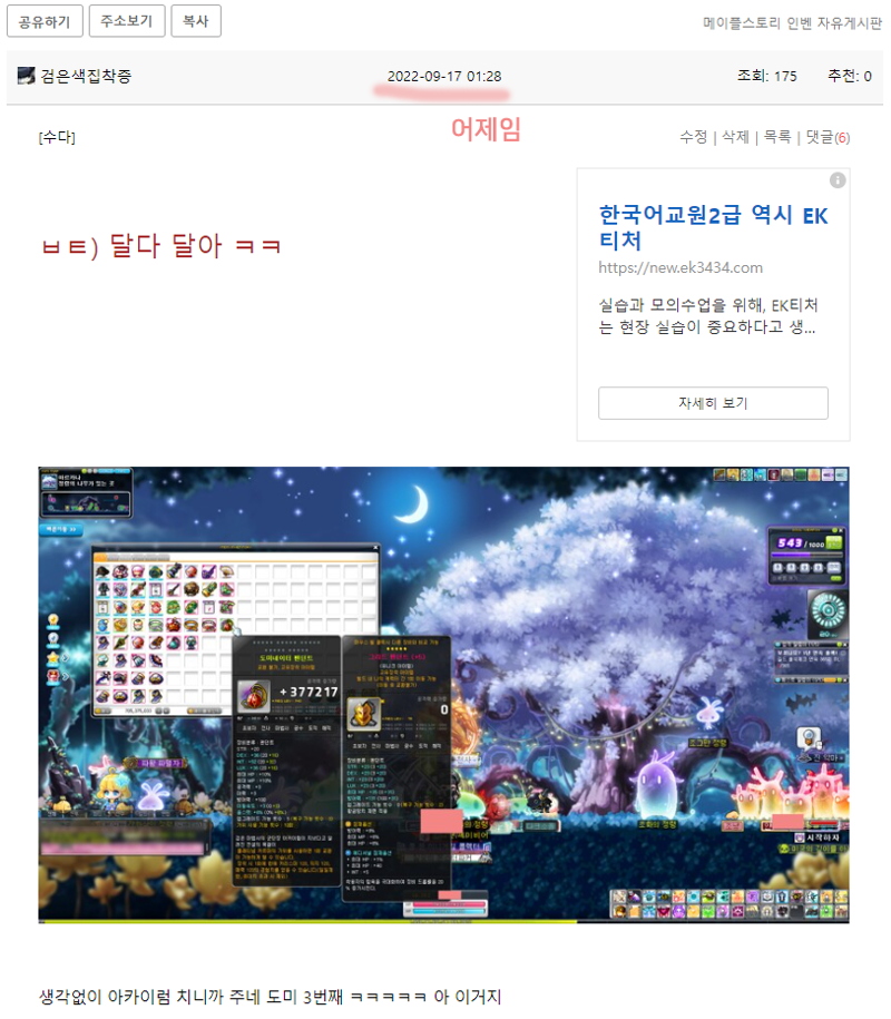 메이플스토리 인벤 이틀 연속 도미 ㄷㄷㄷ 메이플스토리 인벤 자유게시판 구
