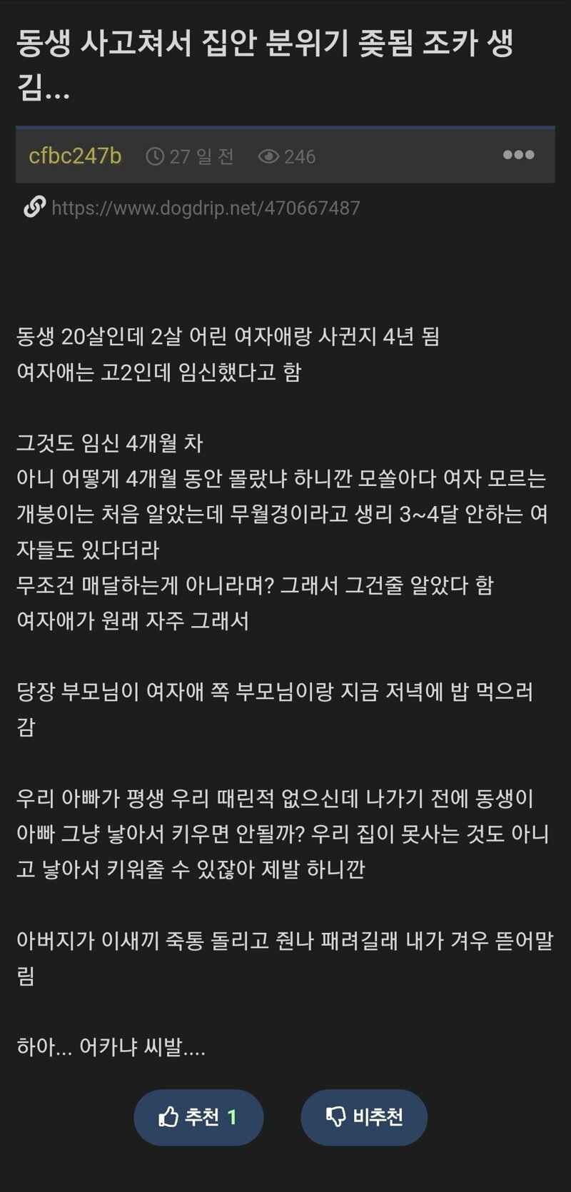 로스트아크 인벤 20살 동생이 18살 여고생 임신 시켰다는 개붕이 로스트아크 인벤 자유 게시판