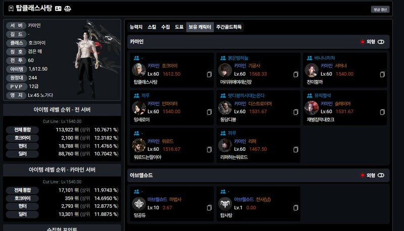로스트아크 인벤 탑클래스사탕하브16 2관후 중도이탈 탈노 머리위에여래신장찬미할까밍새로이둥당디붕재벌집막내호크