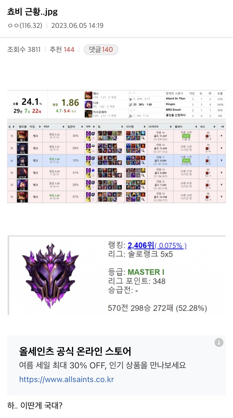 리그오브레전드 인벤 롤갤에 쵸비 솔랭이라고 올라오는 글 특 Lole스포츠 이야기 게시판