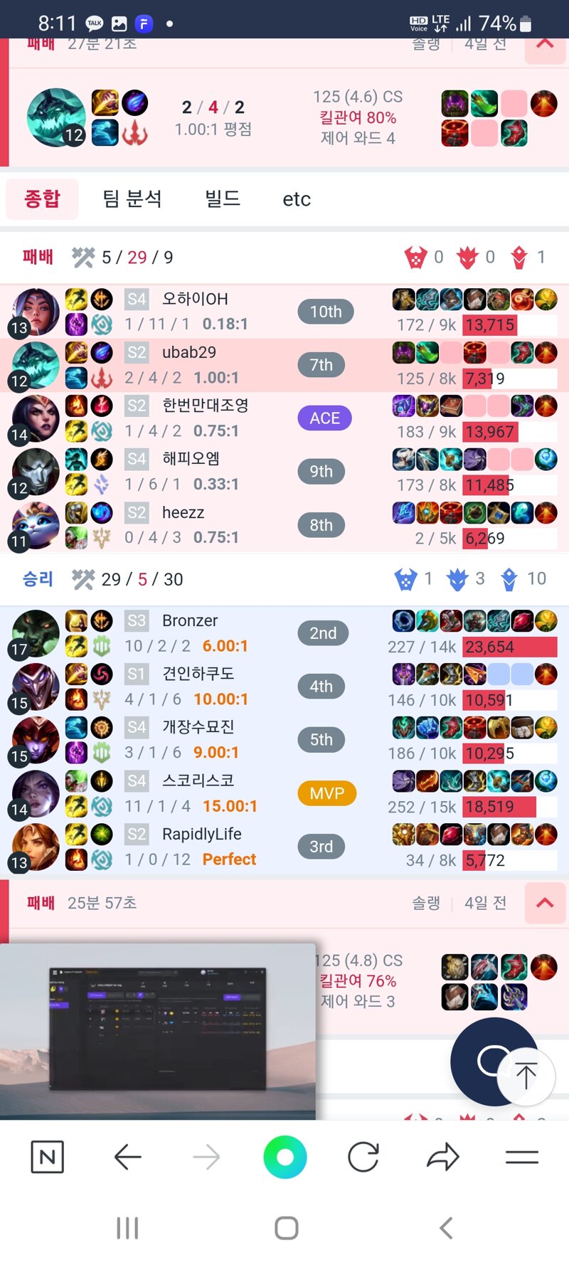리그오브레전드 인벤 팀운ㅈ망겜15승1패 후 닉까고 최근4판 지는판 보여드림 애들 데스랑 딜량좀 봐주세요 증거자료