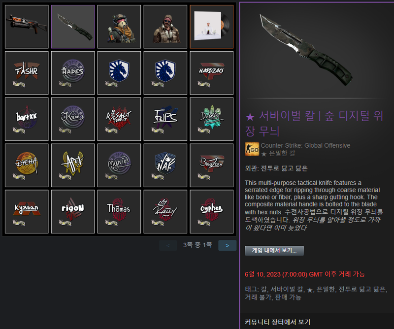 팟벤 서바이벌나이프 숲디지털 전닳 팝니다 카스글옵csgo 파티