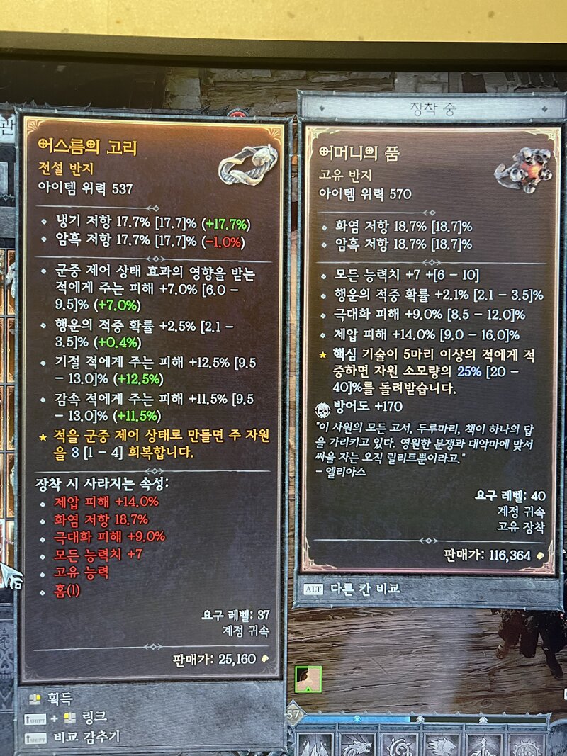 디아블로4 인벤 행님덜 어떤 반지가 더 좋을까요 디아블로4 인벤 드루이드 게시판