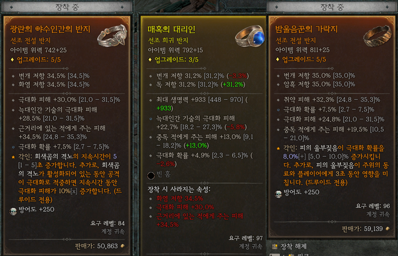 디아블로4 인벤 회오리늑드루 반지고민입니다 어떤걸 낄까요 디아블로4 인벤 드루이드 게시판