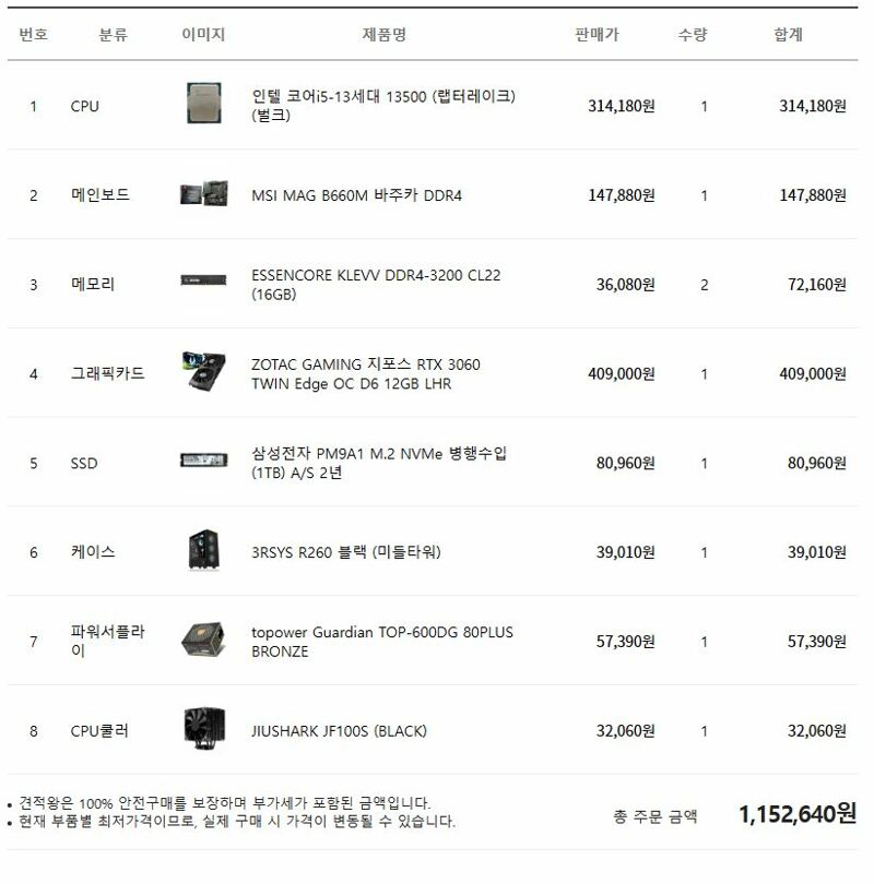 Pc 이륙소컴퓨터 견적 참고견적입니다 Vortex Gaming