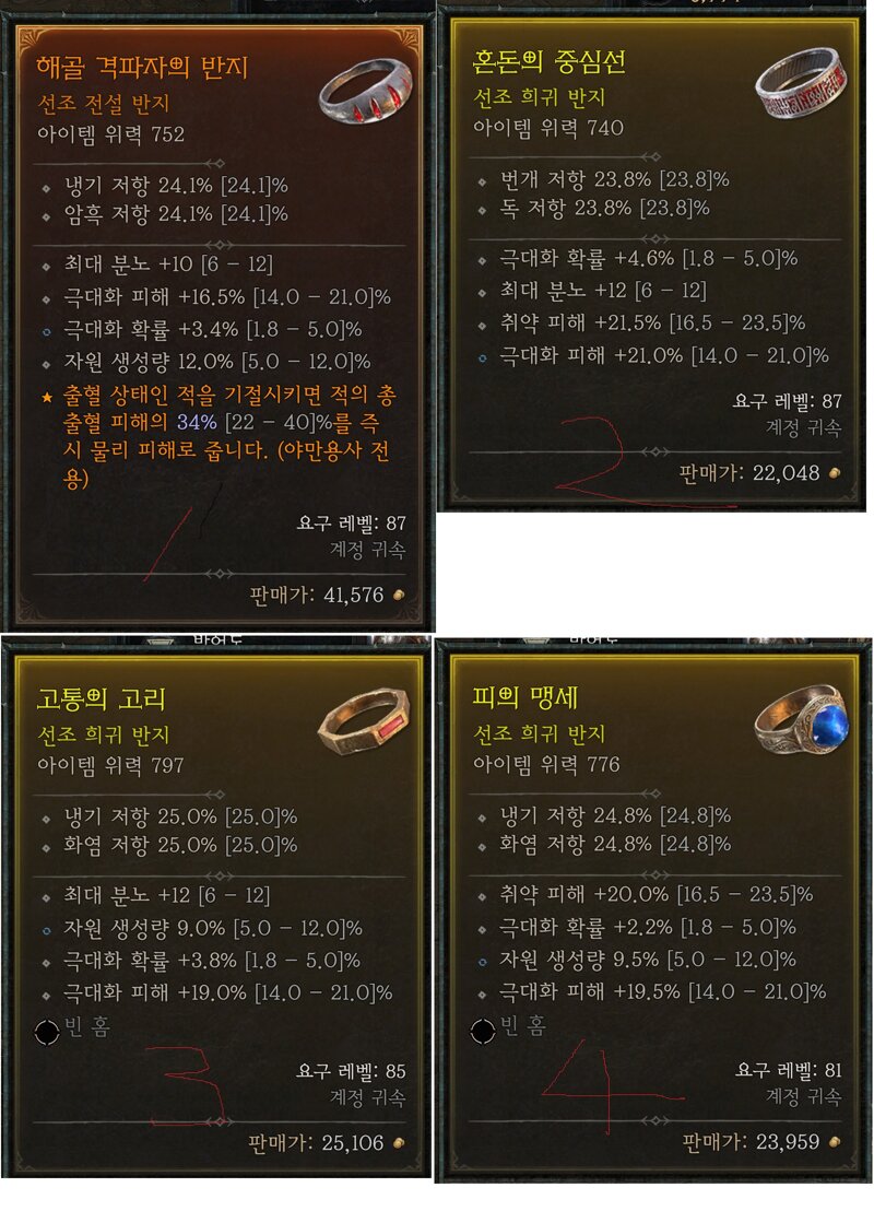 디아블로4 인벤 선망 입니다반지 2개 어떤걸 써야하나요 디아블로4 인벤 야만용사 게시판