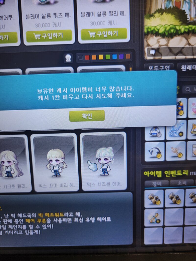 메이플스토리 인벤 캐시 1칸 비워주세요 이거 해결방법좀요ㅠ 메이플스토리 인벤 코디득템스크린샷 게시판