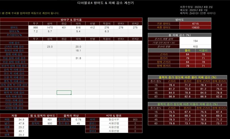 디아블로4 인벤 방어도 And 피해 감소 계산기 업데이트 20230802 디아블로4 인벤 팁과 노하우
