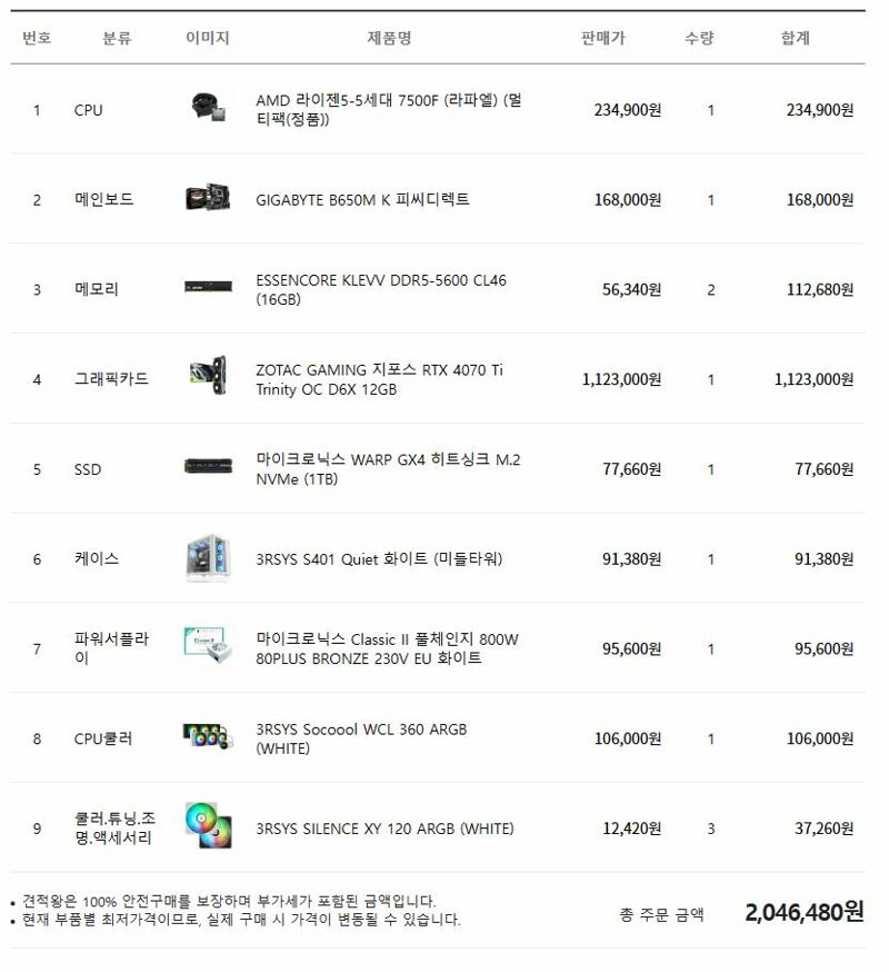 Pc 이륙소컴퓨터 견적 참고견적입니다 Vortex Gaming