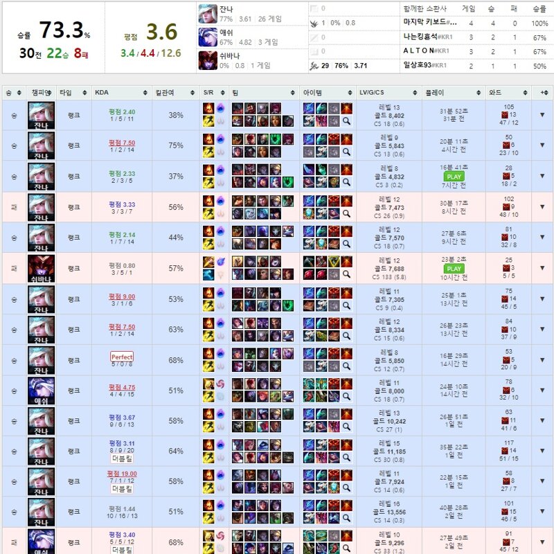 리그오브레전드 인벤 W선마 밤수잔나 전적 Lol 서포터 게시판