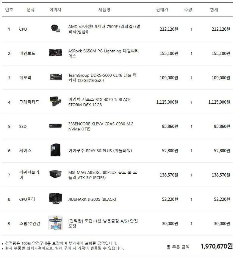 190만원대 참고 견적입니다 볼텍스 게이밍