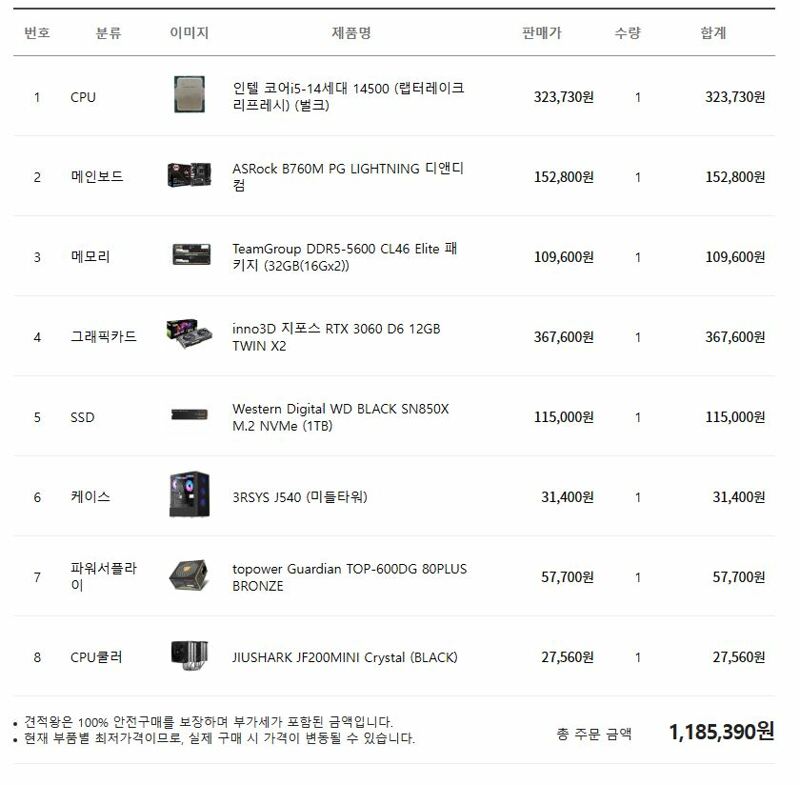 Pc 이륙소컴퓨터 견적 120만원 참고 견적입니다 Vortex Gaming