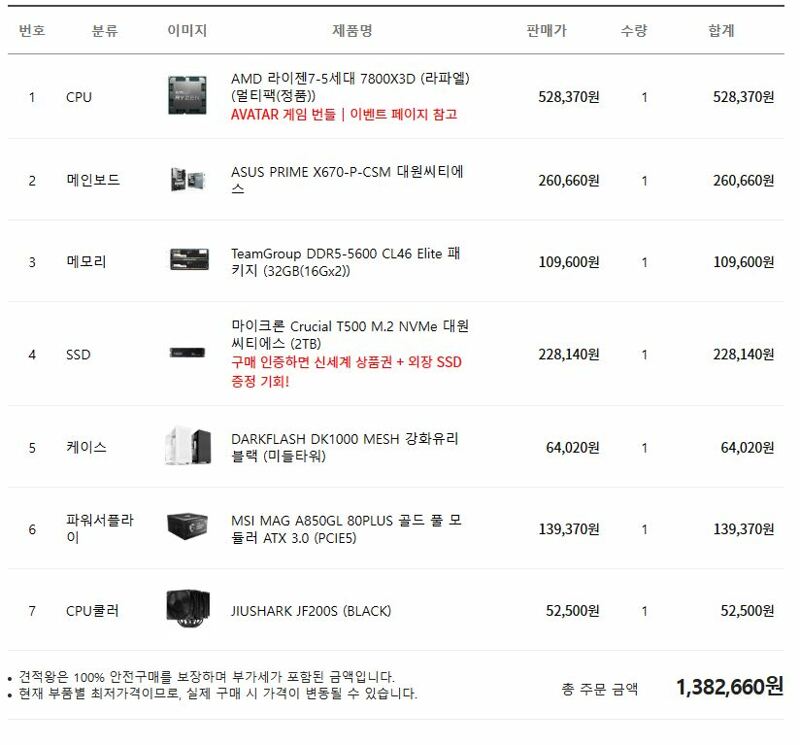 130만원대 참고 견적입니다 볼텍스 게이밍