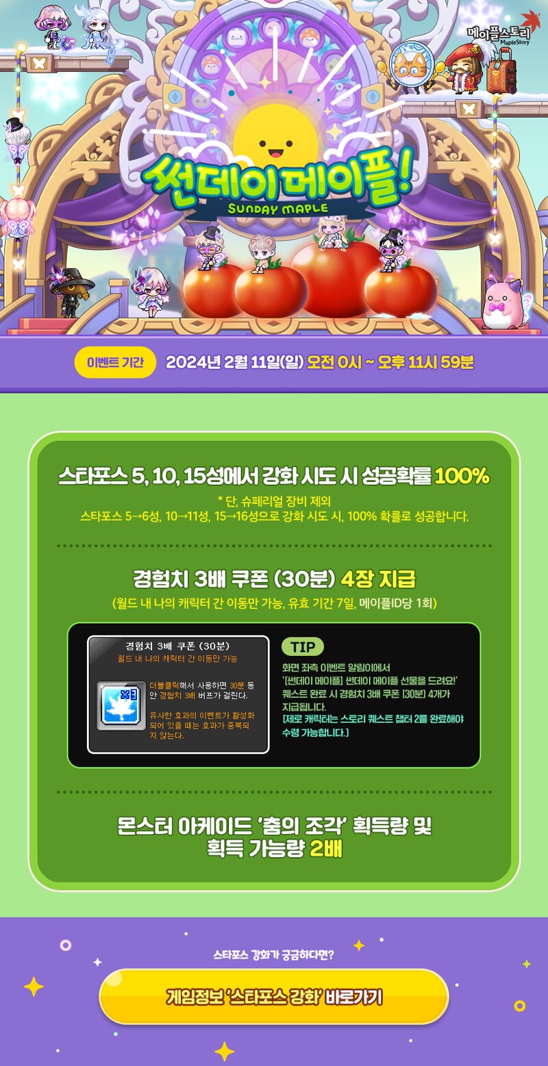 메이플스토리 이번 선데이 메이플 5 10 15성에서 스타 포스 100 경험치 쿠폰 지급 Vortex Gaming