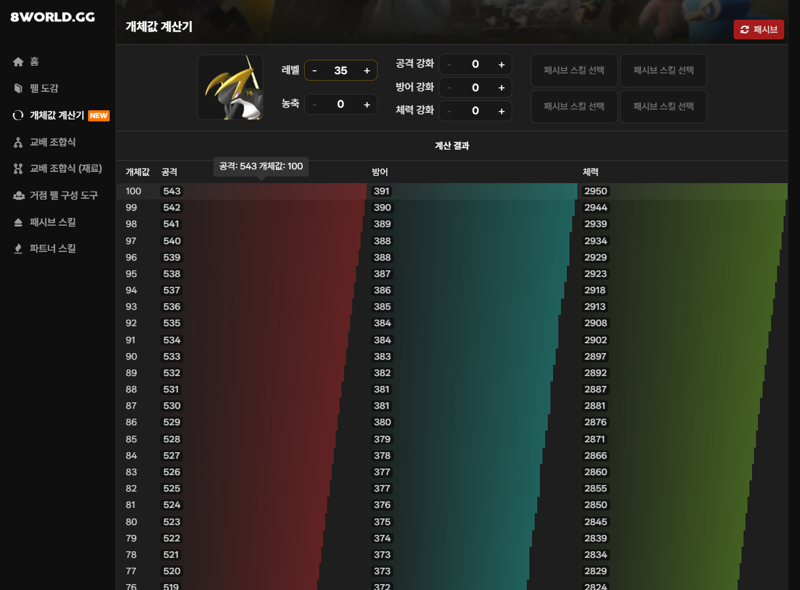 보기 편한 팰 개체값 계산기 볼텍스 게이밍