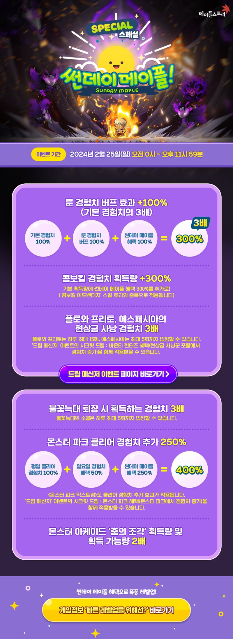 이번 선데이 메이플 경험치 관련 각종 혜택 스페셜 볼텍스 게이밍