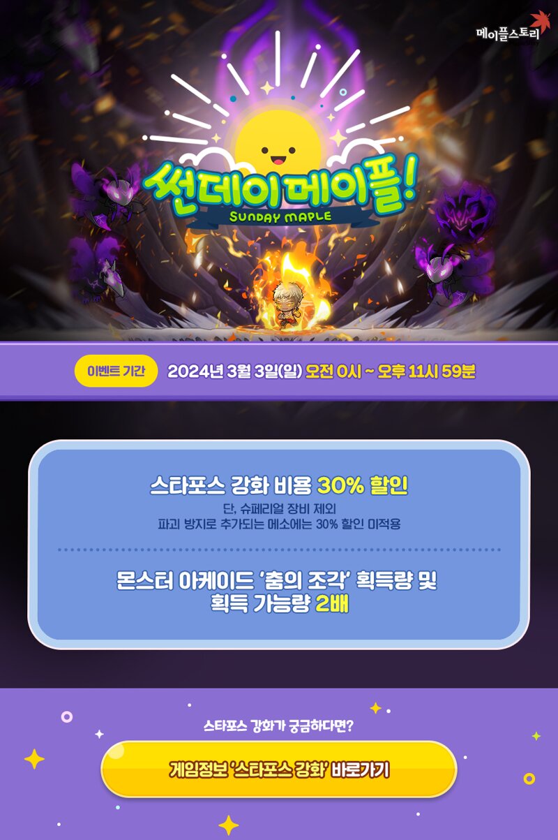 메이플스토리 이번 선데이 메이플 스타 포스 비용 30 감소 Vortex Gaming
