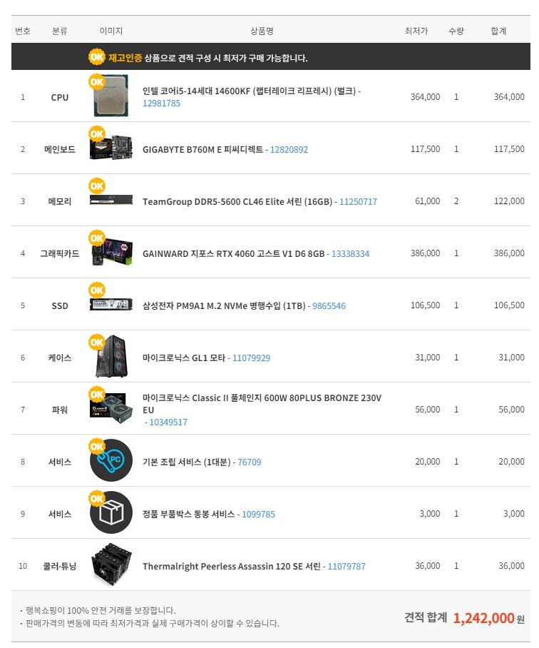 견적 참고 바랍니다 볼텍스 게이밍