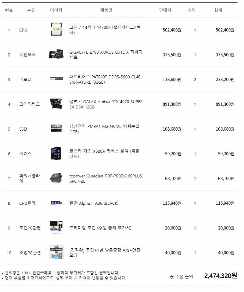 250만원 참고 견적입니다 볼텍스 게이밍