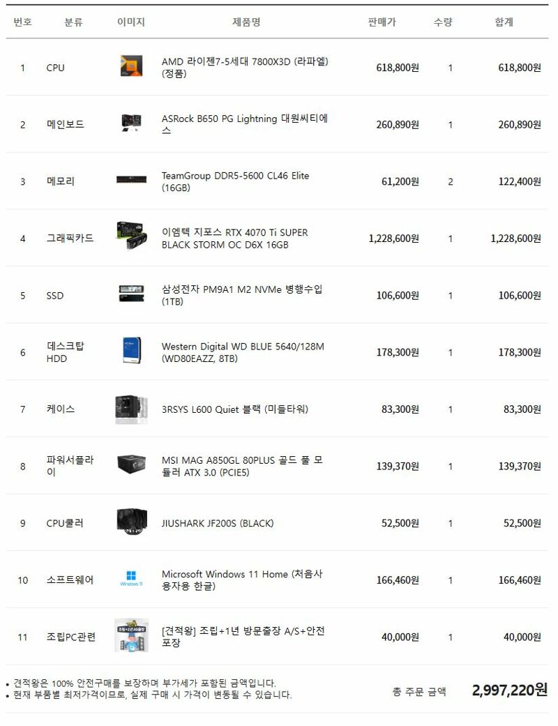 300만원 참고 견적입니다 볼텍스 게이밍