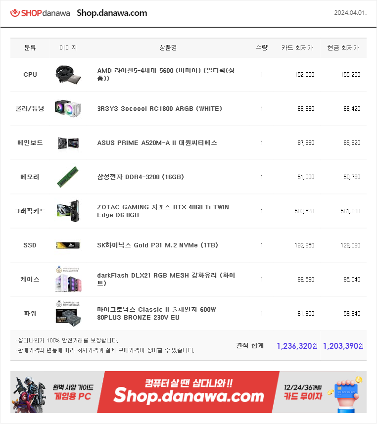 Pc 이륙소컴퓨터 견적 120만원 견적 이륙 허가 검토 부탁드립니다 Vortex Gaming