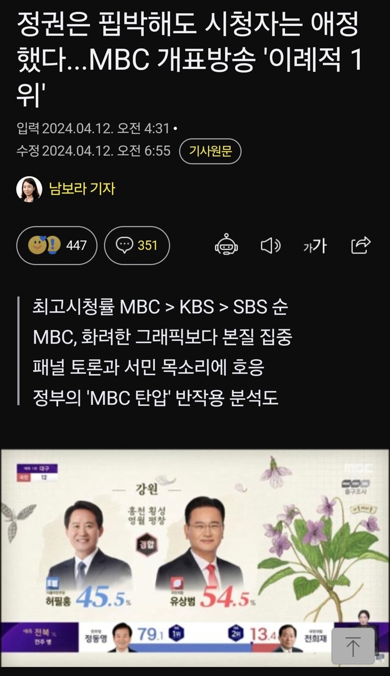 정권은 핍박해도 시청자는 애정했다mbc 개표방송 이례적 1위 오픈이슈갤러리 인벤