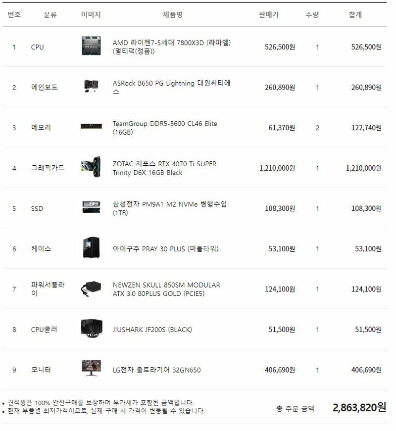 280만원대 참고 견적입니다 볼텍스 게이밍